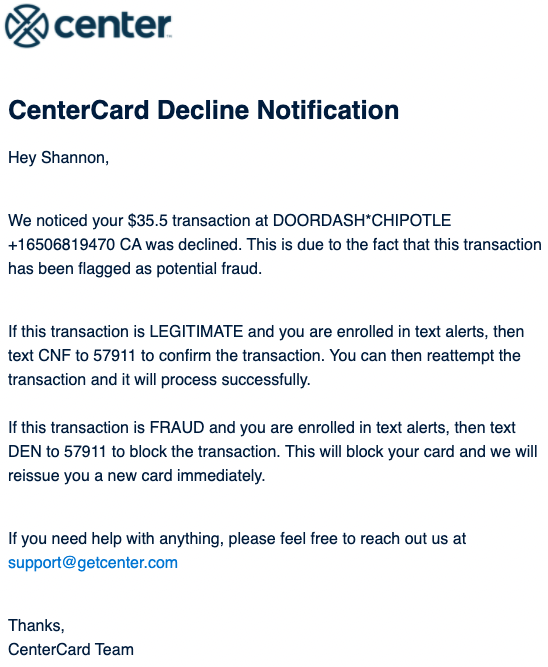 I received a Potential Fraud decline notification.