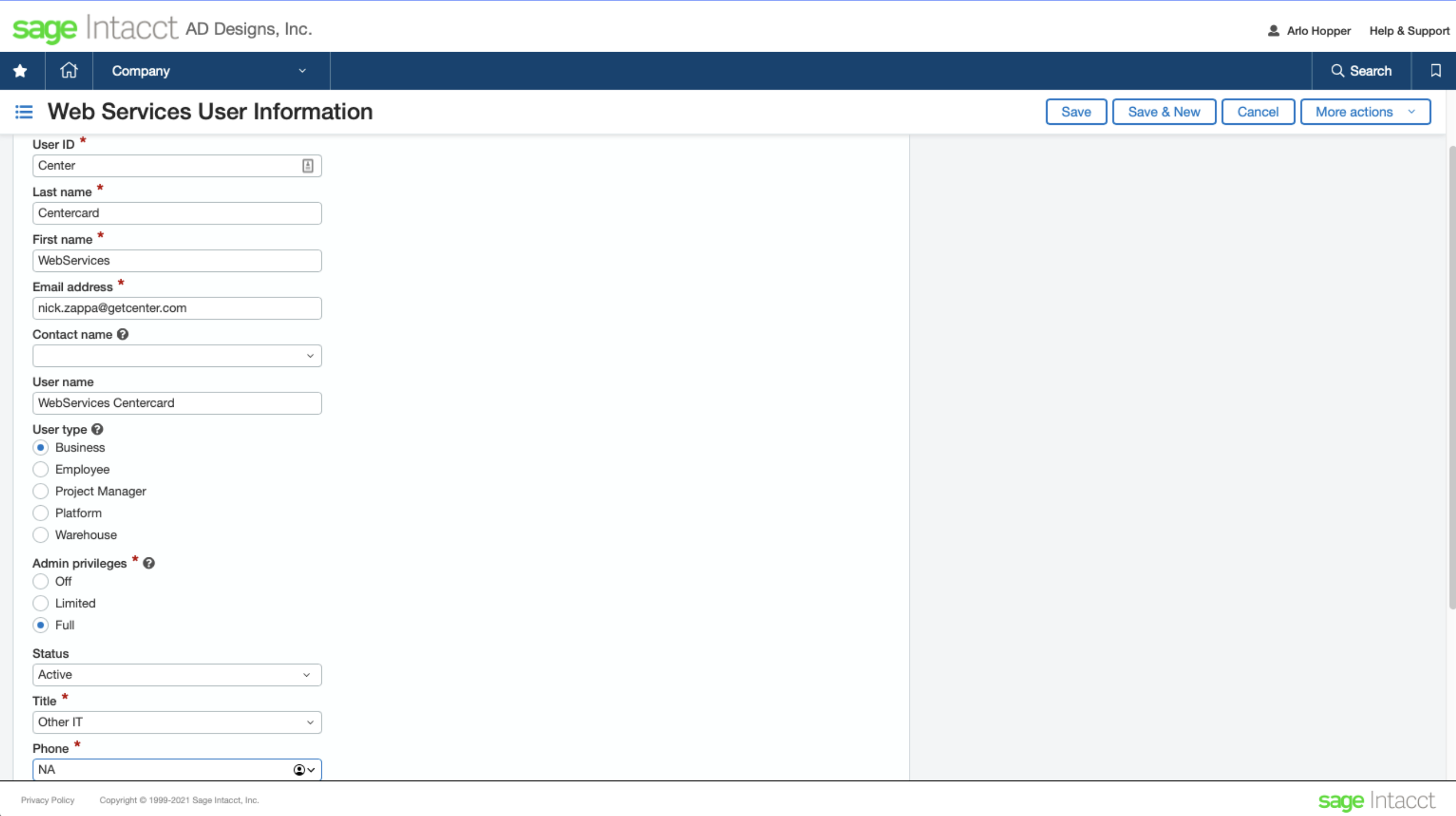 Preparing Sage Intacct to Connect to Center