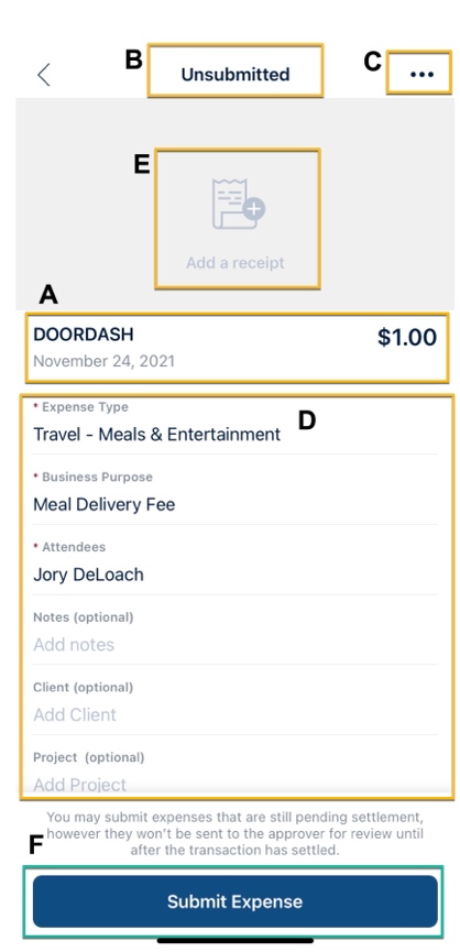 How do I view and submit my expenses on the CenterCard mobile app?
