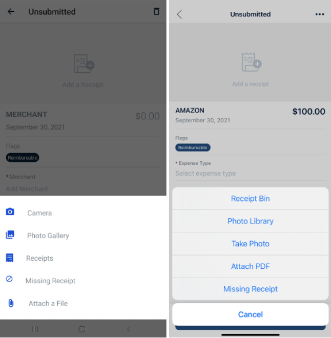 How do I add receipts to an expense on the CenterCard mobile app?