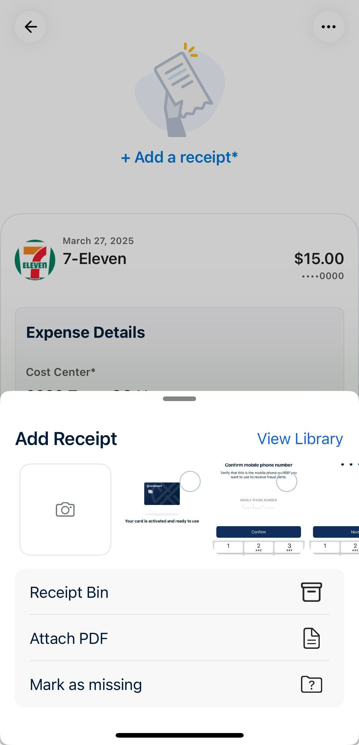 How do I add receipts to an expense on the CenterCard mobile app?