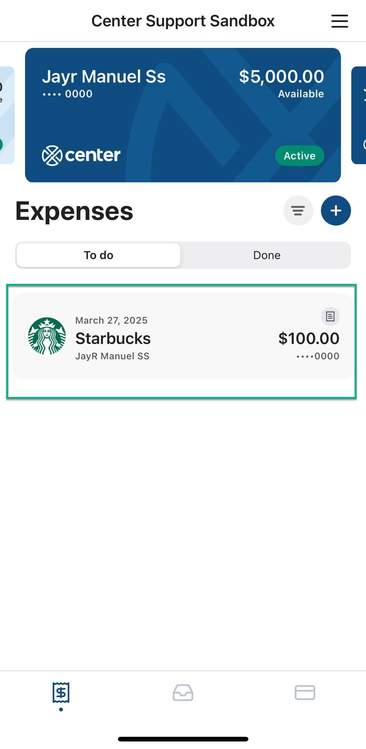 How do I view and submit my expenses on the CenterCard mobile app?
