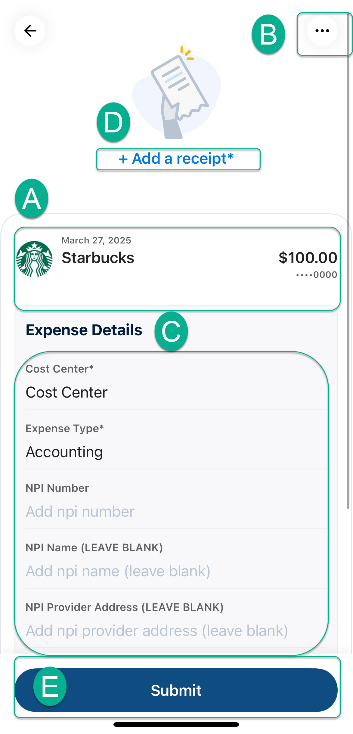 How do I view and submit my expenses on the CenterCard mobile app?